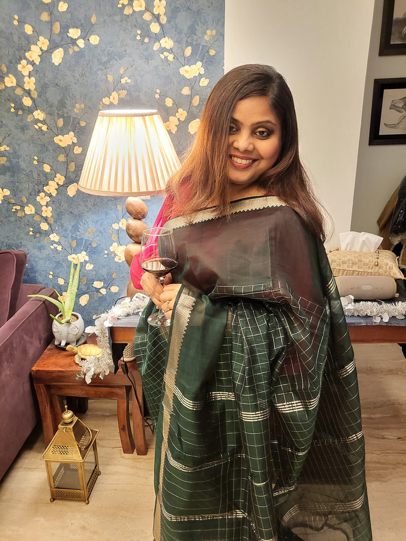 Green Mangalagiri Silk Saree with Silver Zari checks – Maalti